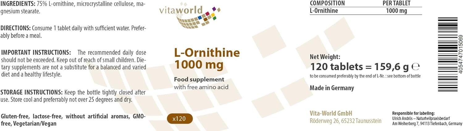 Vita World L-Ornithine 1000 mg 120 Tablets Highly Dosed Vegan Only 1 ...