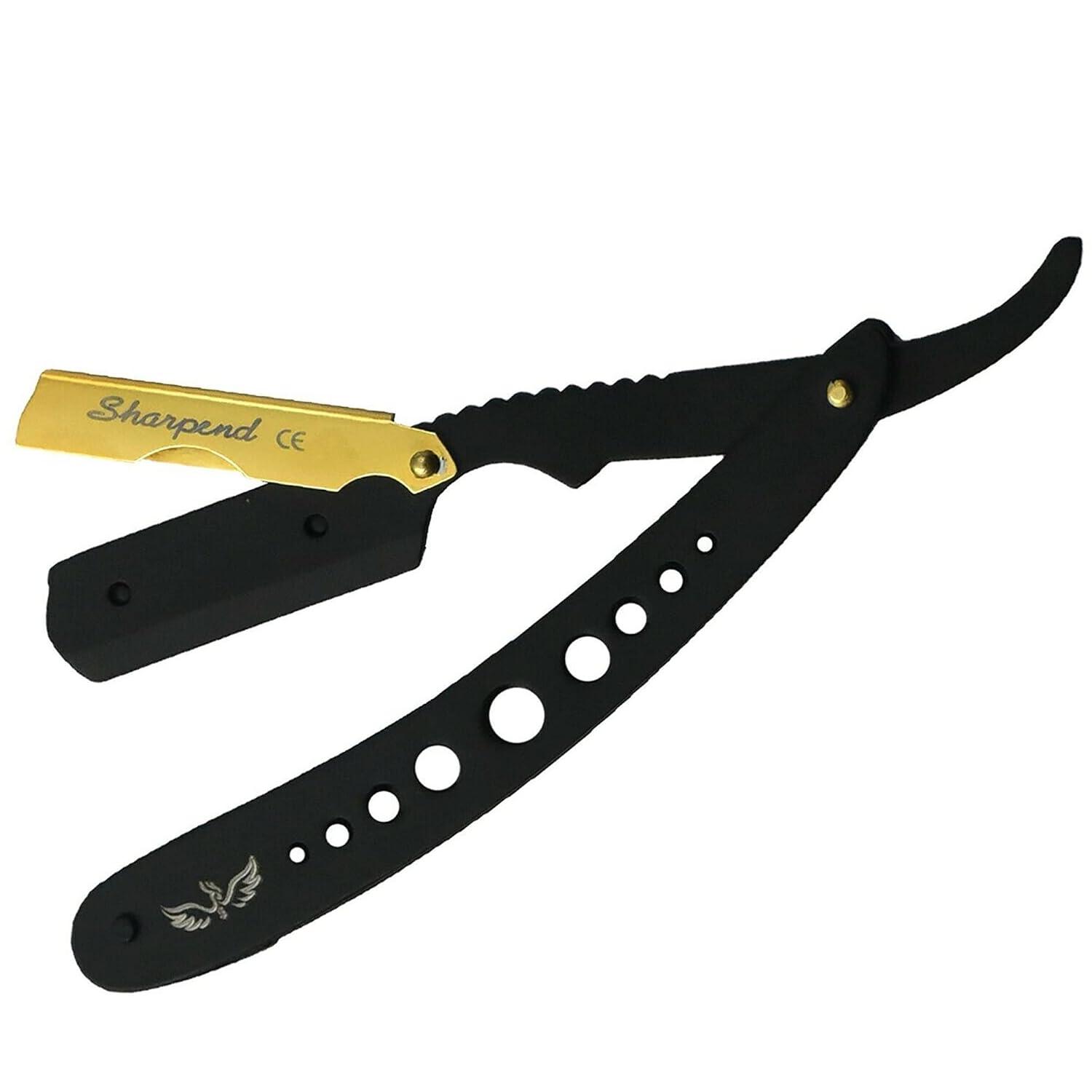 Sharpened Cut Throat Shaving Razor Kit - Matte Black Gold Straight Edge ...