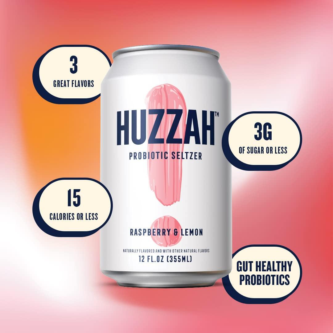 HUZZAH Raspberry Lemon Sparkling Seltzer Water 4 Pack - Low Calorie ...