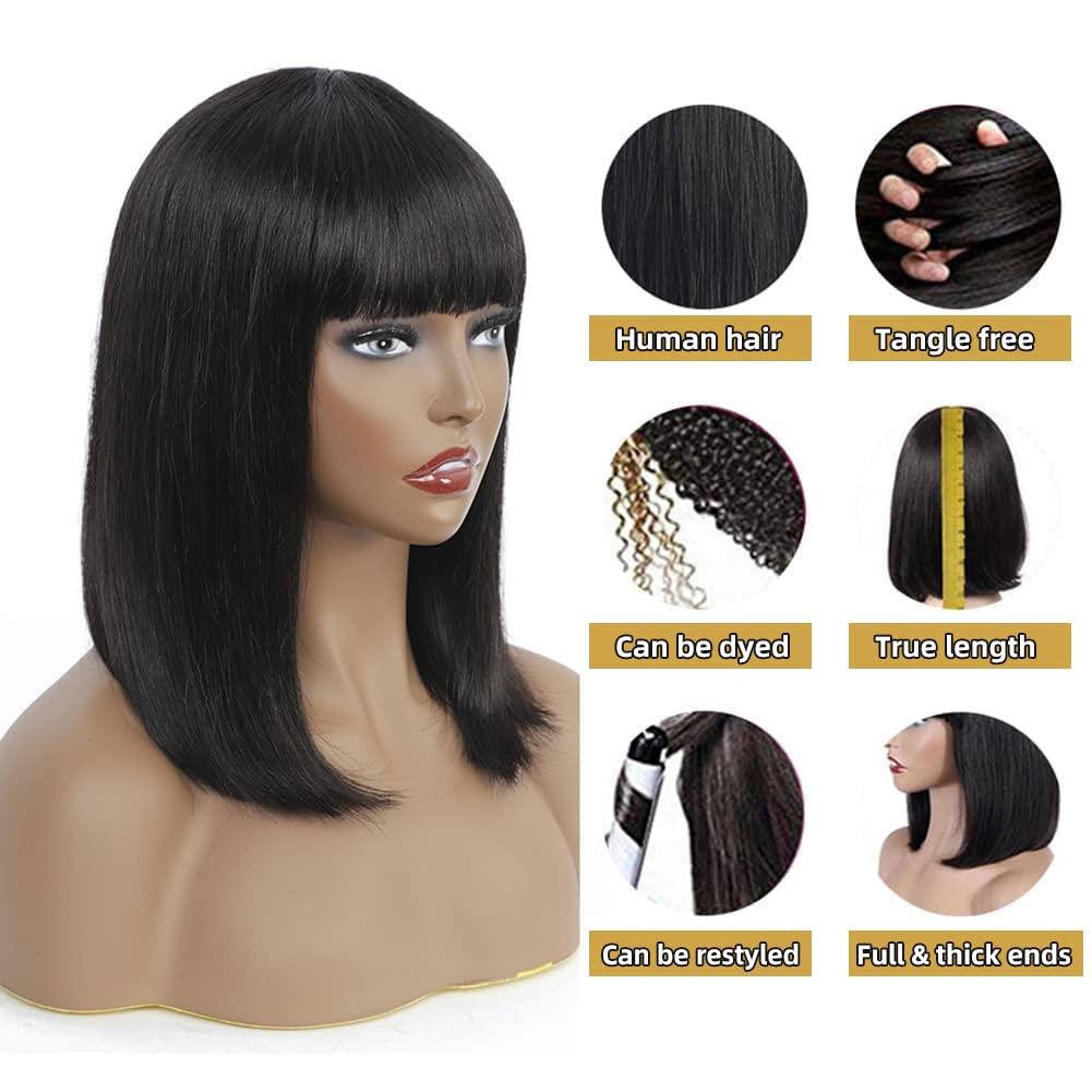 12 Inch Short Bob Human Hair Wig with Bangs - 150% Density, Natural ...