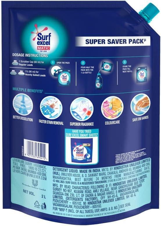 Buy Surf Excel Top Load Matic Liquid Detergent Pouch - 2L ...