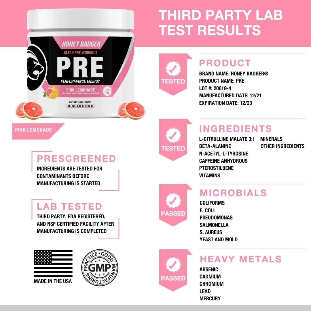 Honey Badger Vegan Keto Pink Lemonade Pre Workout Powder - Natural ...