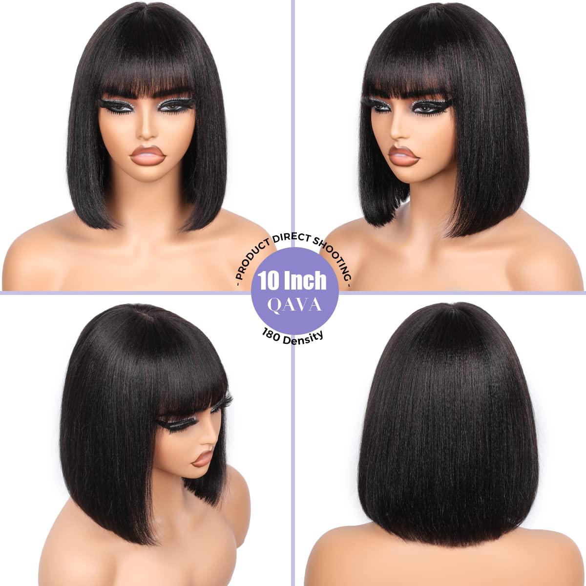QAVA 10 Inch Light Yaki Straight Bob Wig with Bangs | 100% Brazilian Human Hair | Glueless 2x1 ...