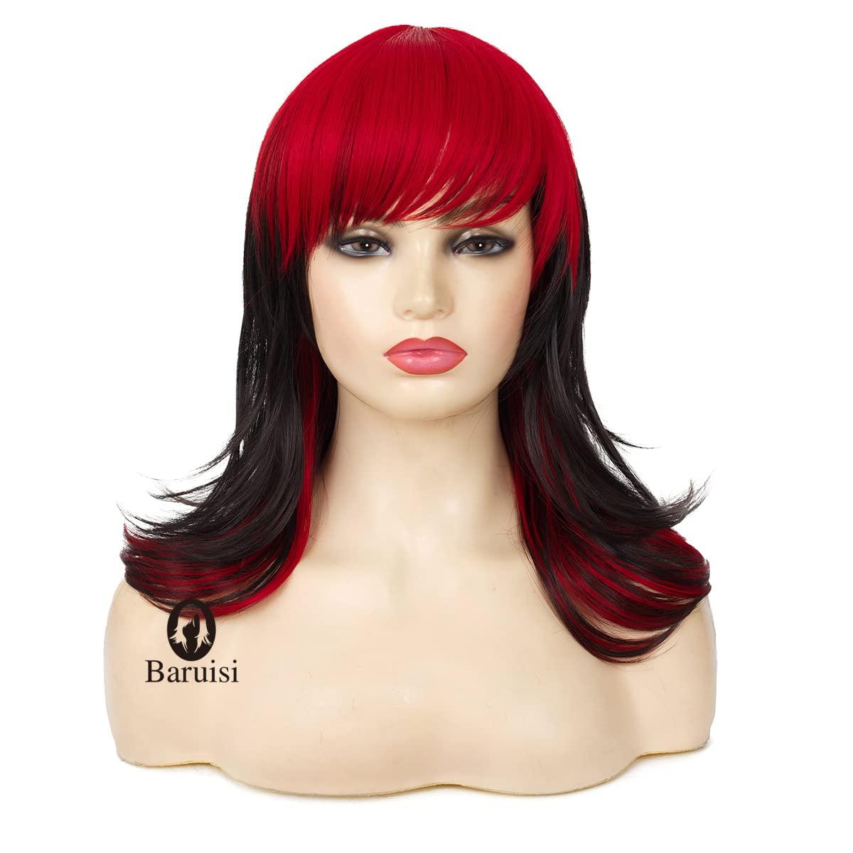 Baruisi Black Red Shoulder Length Layered Shaggy Wig with Bangs ...