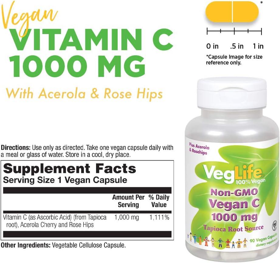 Veglife Vegan Vitamin C 1000mg Non GMO with Acerola & Rose Hips ...