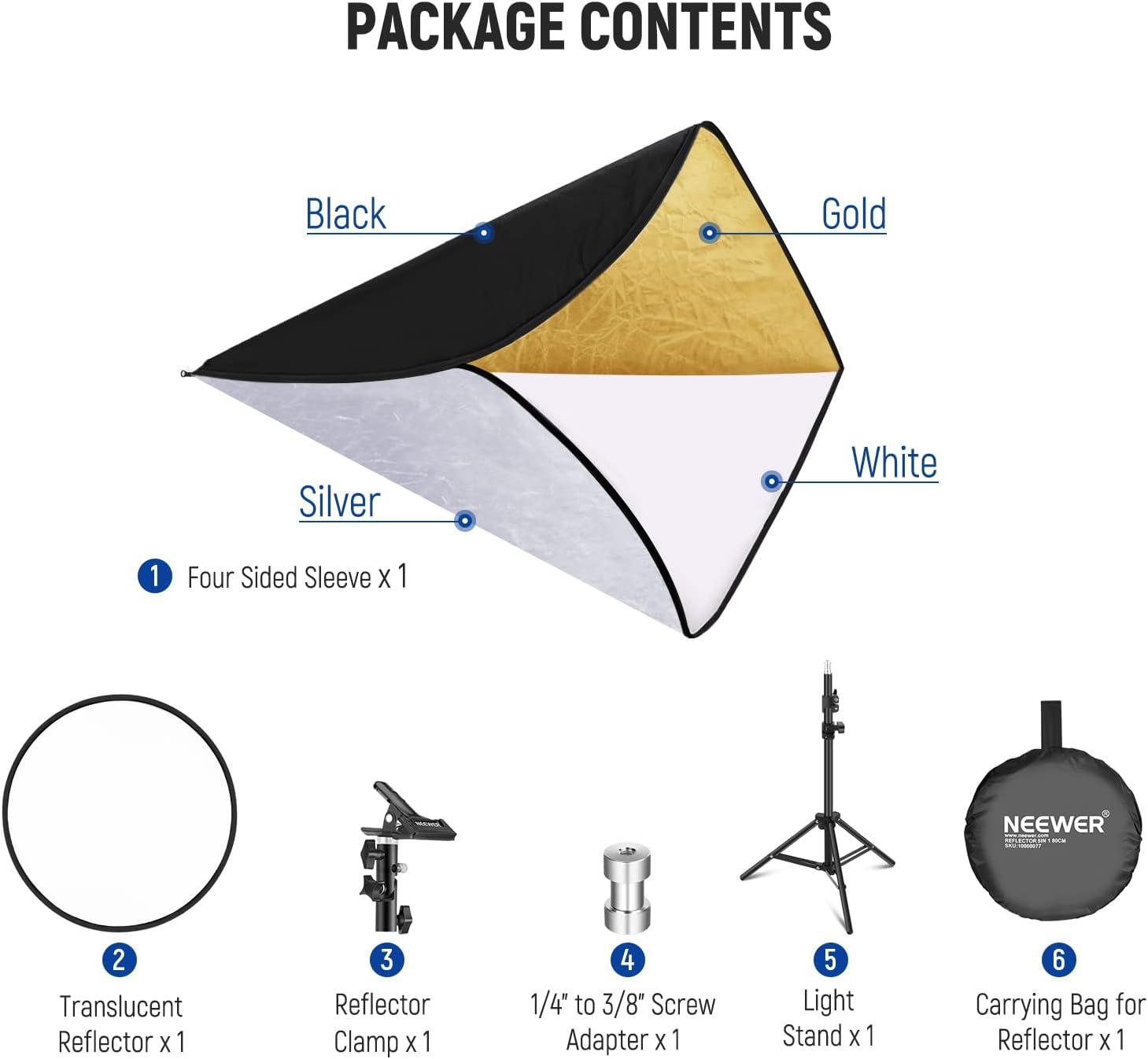 NEEWER 32 5-in-1 Light Reflector Kit with Metal Clamp and Short Stand ...