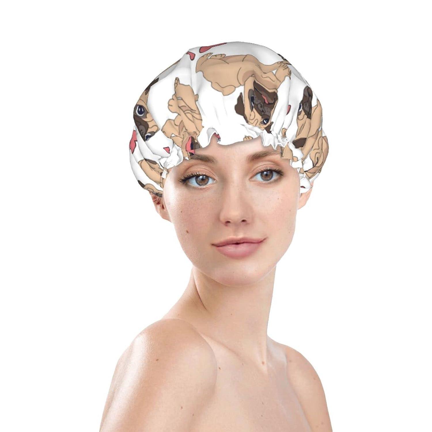 White Brown Pug Shower Cap for Women - Double Waterproof Layers - Large ...