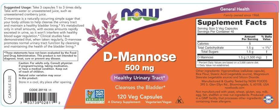 NOW D-Mannose 500mg - 120 Veg Capsules | Urinary Tract Health Support ...