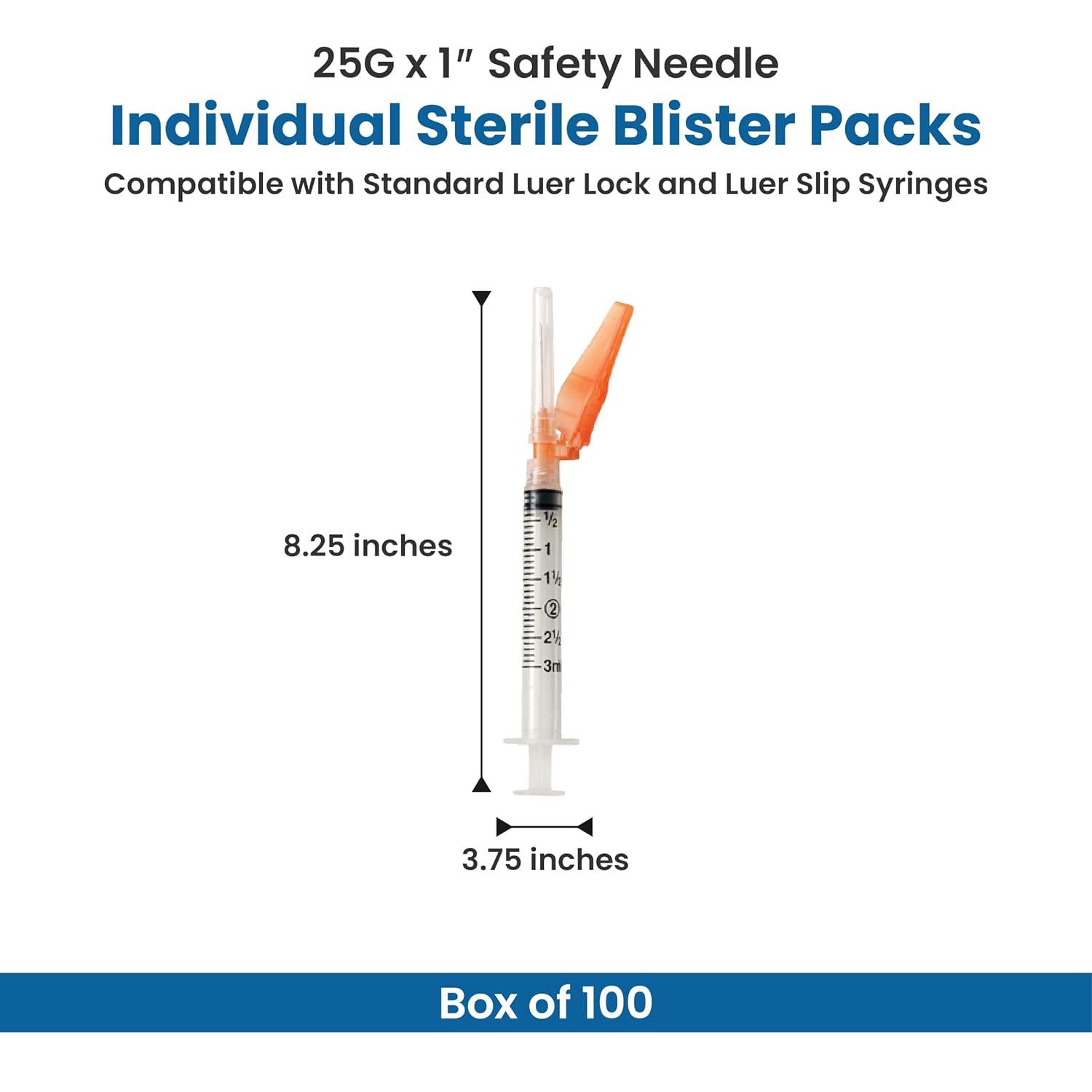 TKMD 25G x 1 Safety Needles Individually Wrapped Needles for Injections Box of 100 No Syringes ...