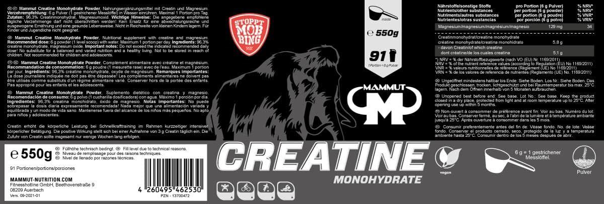 Mammut Nutrition Creatine Monohydrate - Magnesium Optimized Granules ...