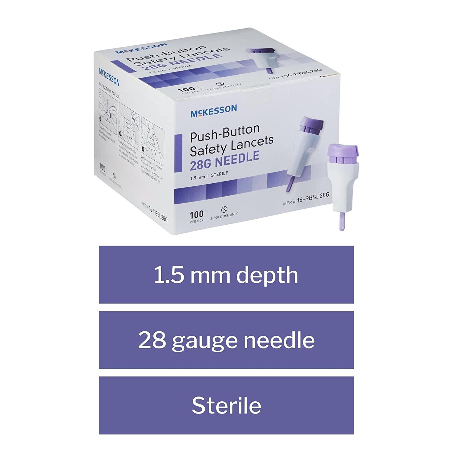 McKesson Safety Lancets 28G Sterile Push-Button Needle 1.5mm - 100 ...