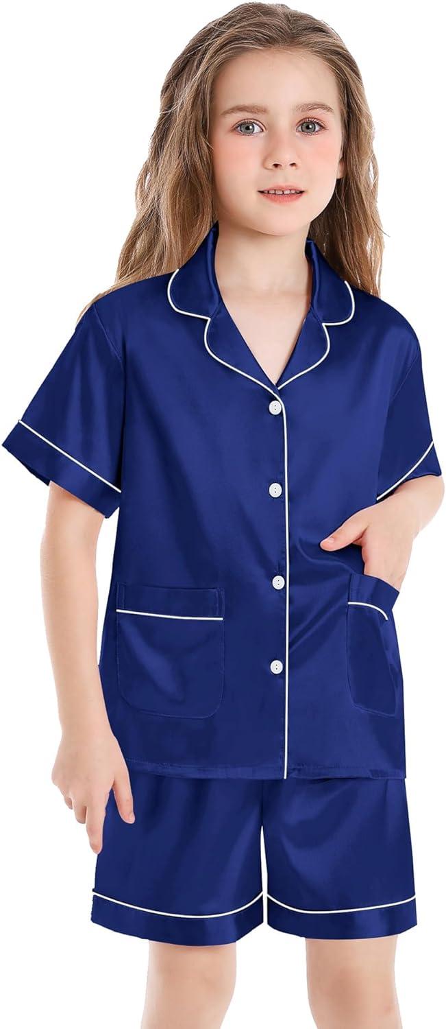 SWOMOG Kids Satin Pyjamas Set - Short Sleeve Button-Down Silk Nightwear ...