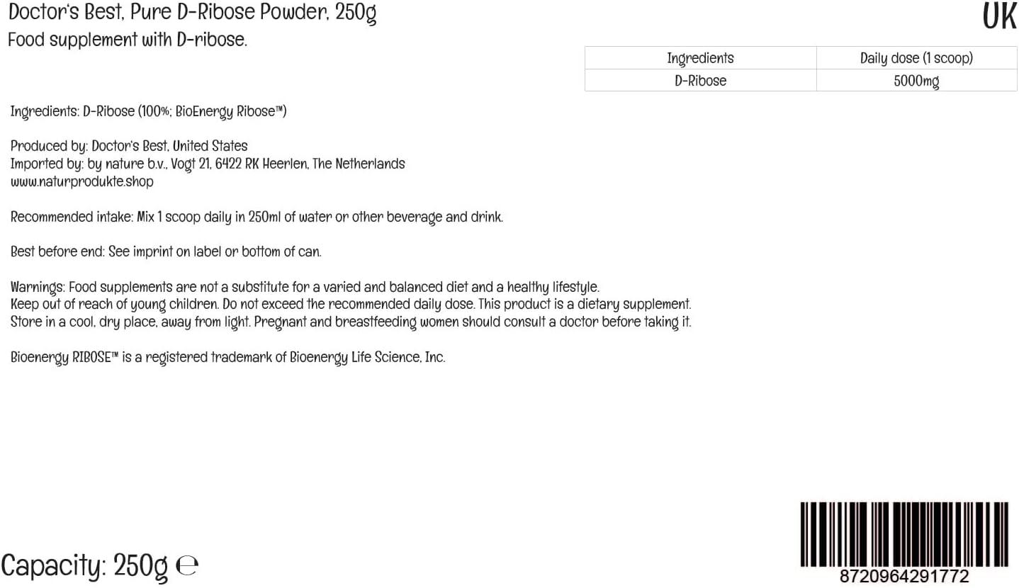 Doctor's Best D-Ribose Powder 250g - Vegan, Highly Dosed, Lab-Tested ...