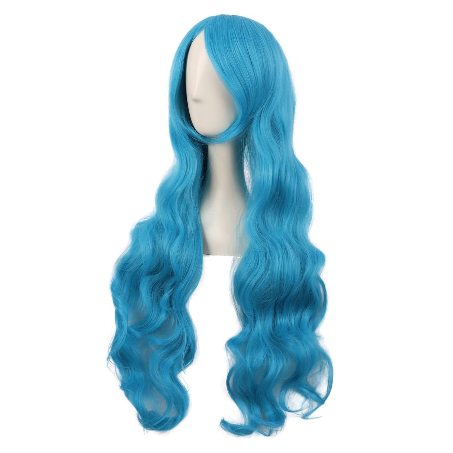 MapofBeauty 32 Curly Hair Anime Wig - Cyan Blue Cosplay with Side Bangs ...