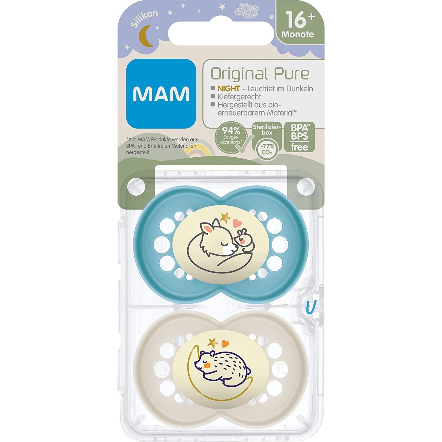 MAM Day & Night Silicone Pacifier Set (16+) - 4 Pacifiers & 2 ...