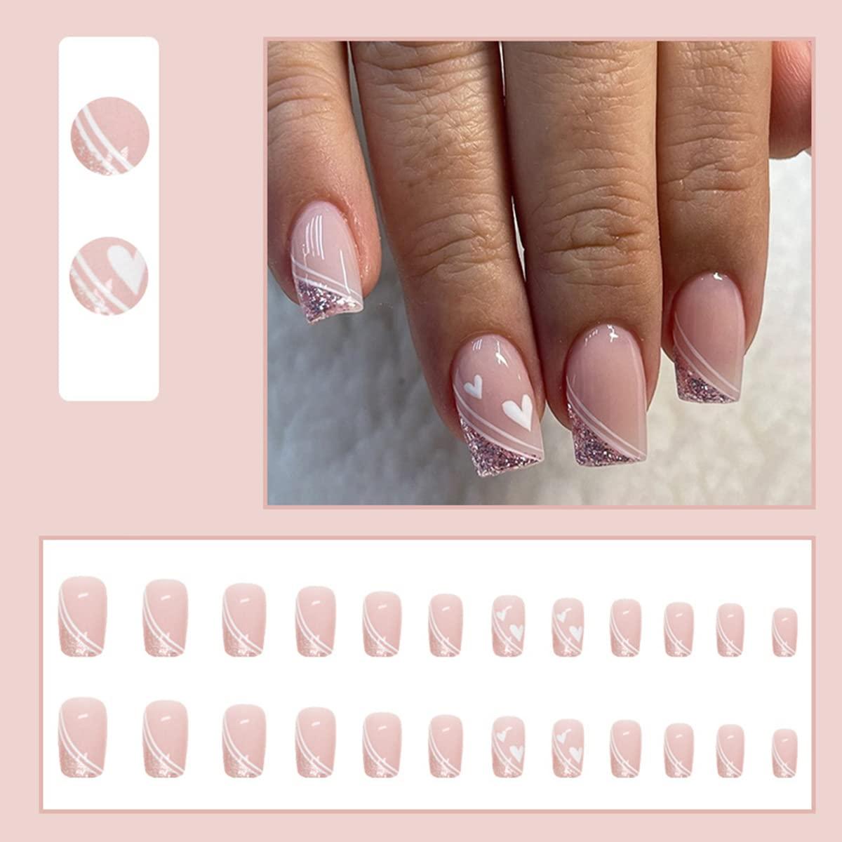 24 Pcs Glitter French Tip Press on Nails | Short Square False Nails ...