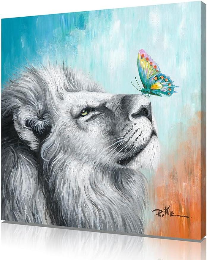 Yidepot Colorful Lion Butterfly Wall Art - Cute White Lion Playing with ...