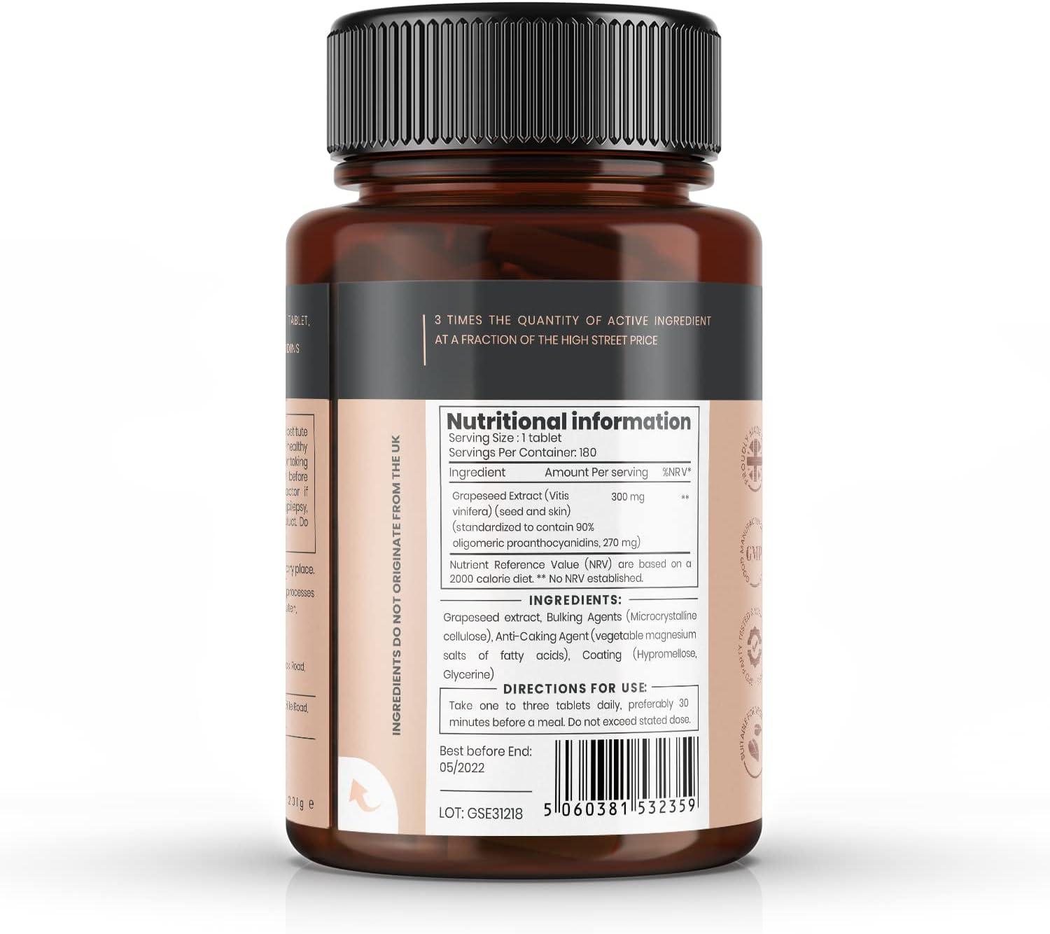 Triple Strength Grape Seed Extract 300mg x 180 Tablets - 90% Oligomeric ...