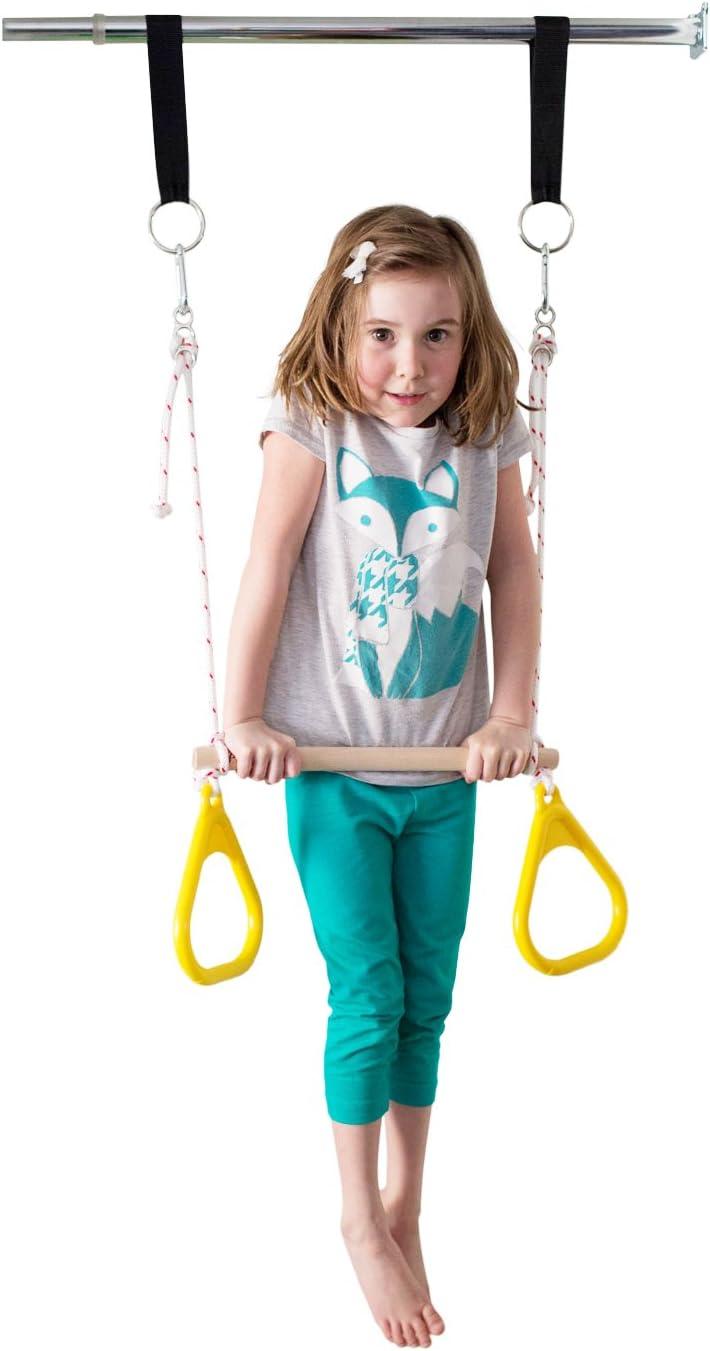DreamGYM Wooden Trapeze Swing Bar with Yellow Gym Rings - Ideal for ...