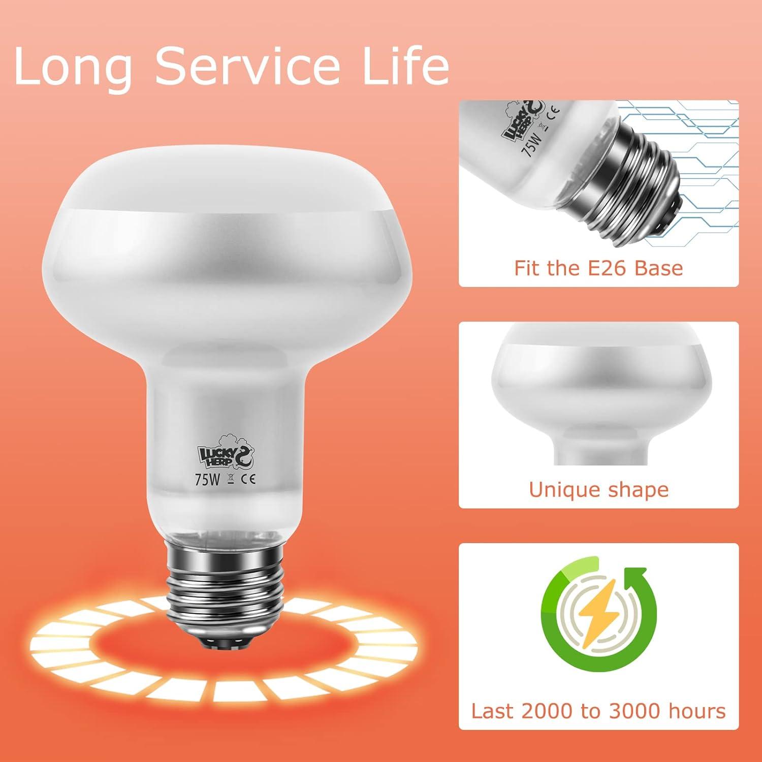 LUCKY HERP Intense Heat Lamp Bulbs for Reptiles 75W 2 Pack UVA Daylight ...