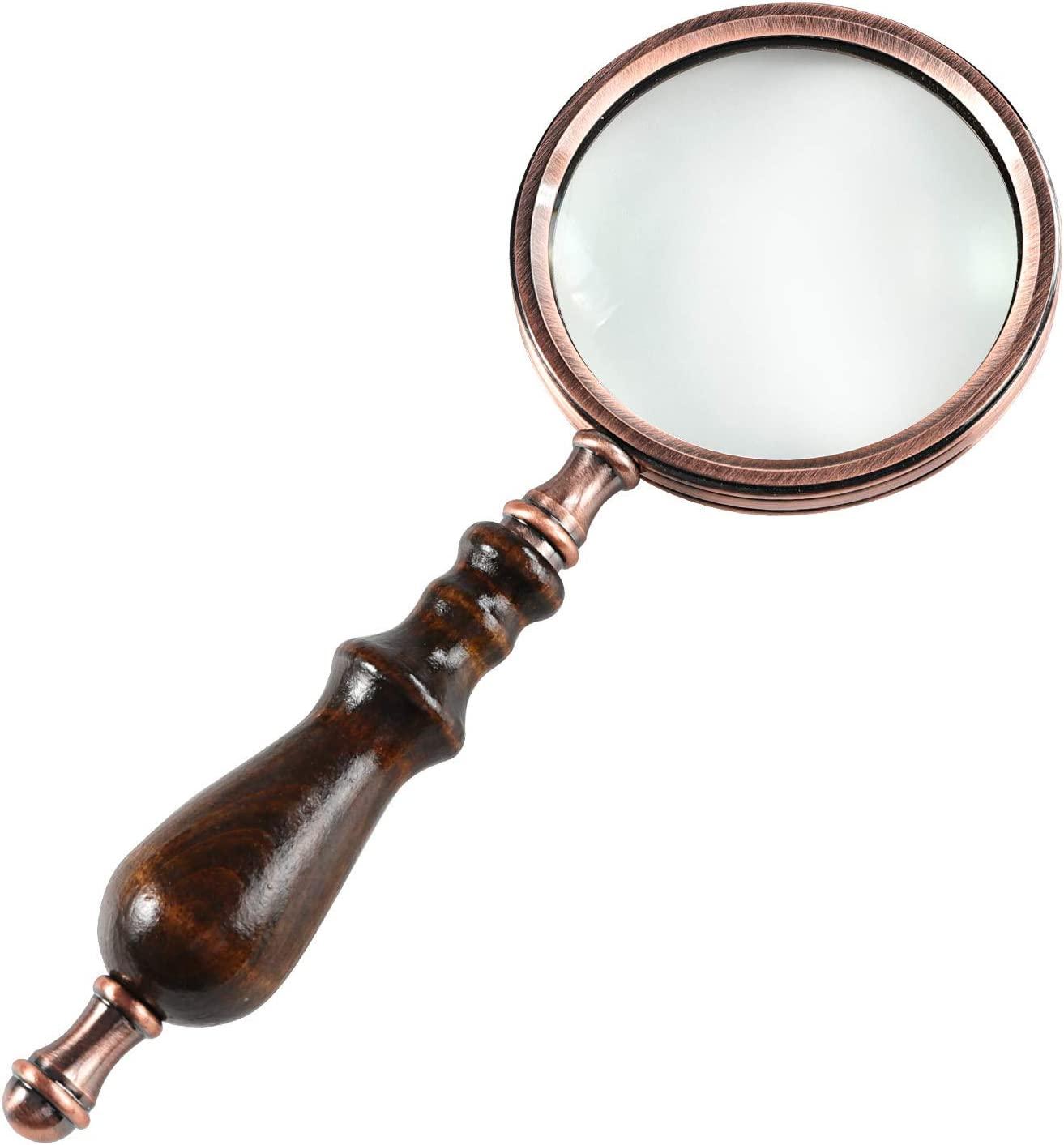 MSLAN 10X Antique Copper Handheld Magnifying Glass with Wooden Handle ...