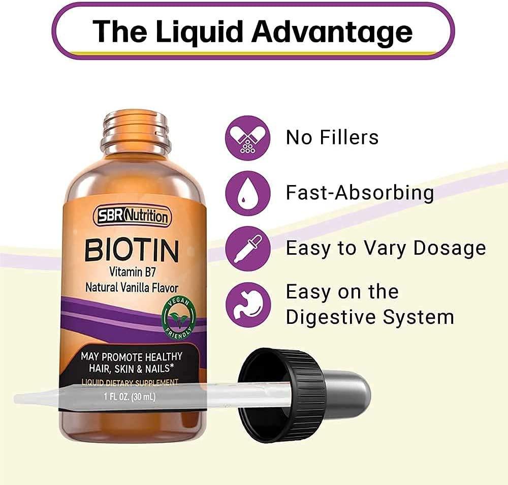 SBR Nutrition Biotin Liquid Drops 5000mcg - 60 Servings, 1.0Fl.oz (30ml ...