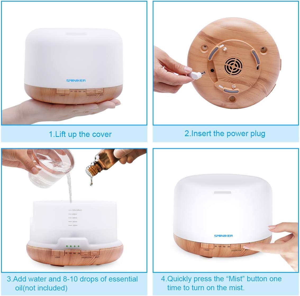 Sminiker Diffuser 500ML Essential Oil Diffuser Adjustable Mist Mode and ...