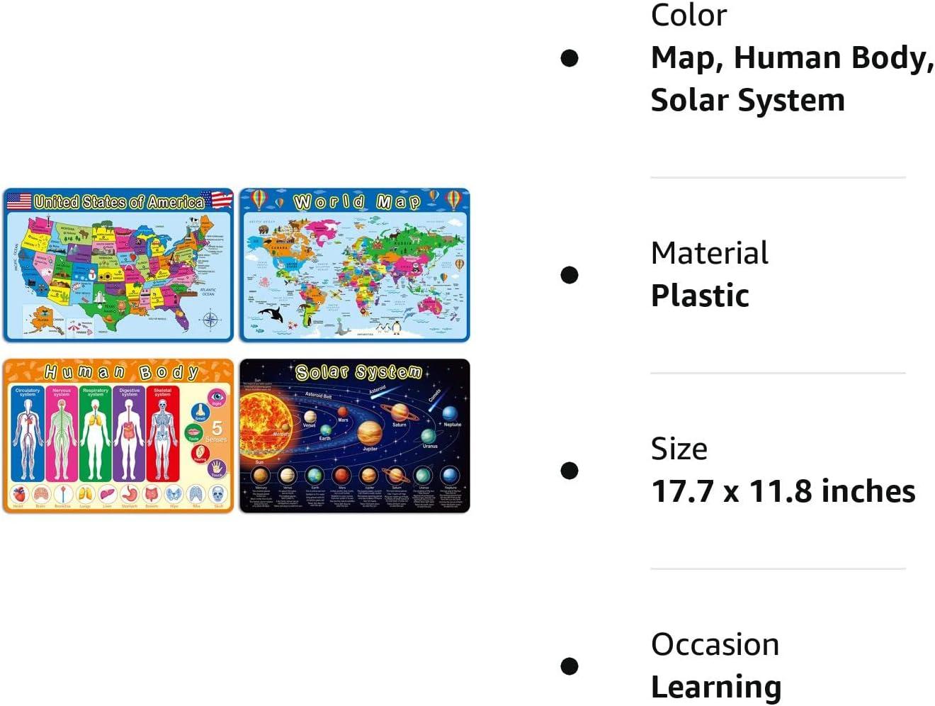 4-Piece Educational Toddler Placemats: Map, Human Body, Solar System ...