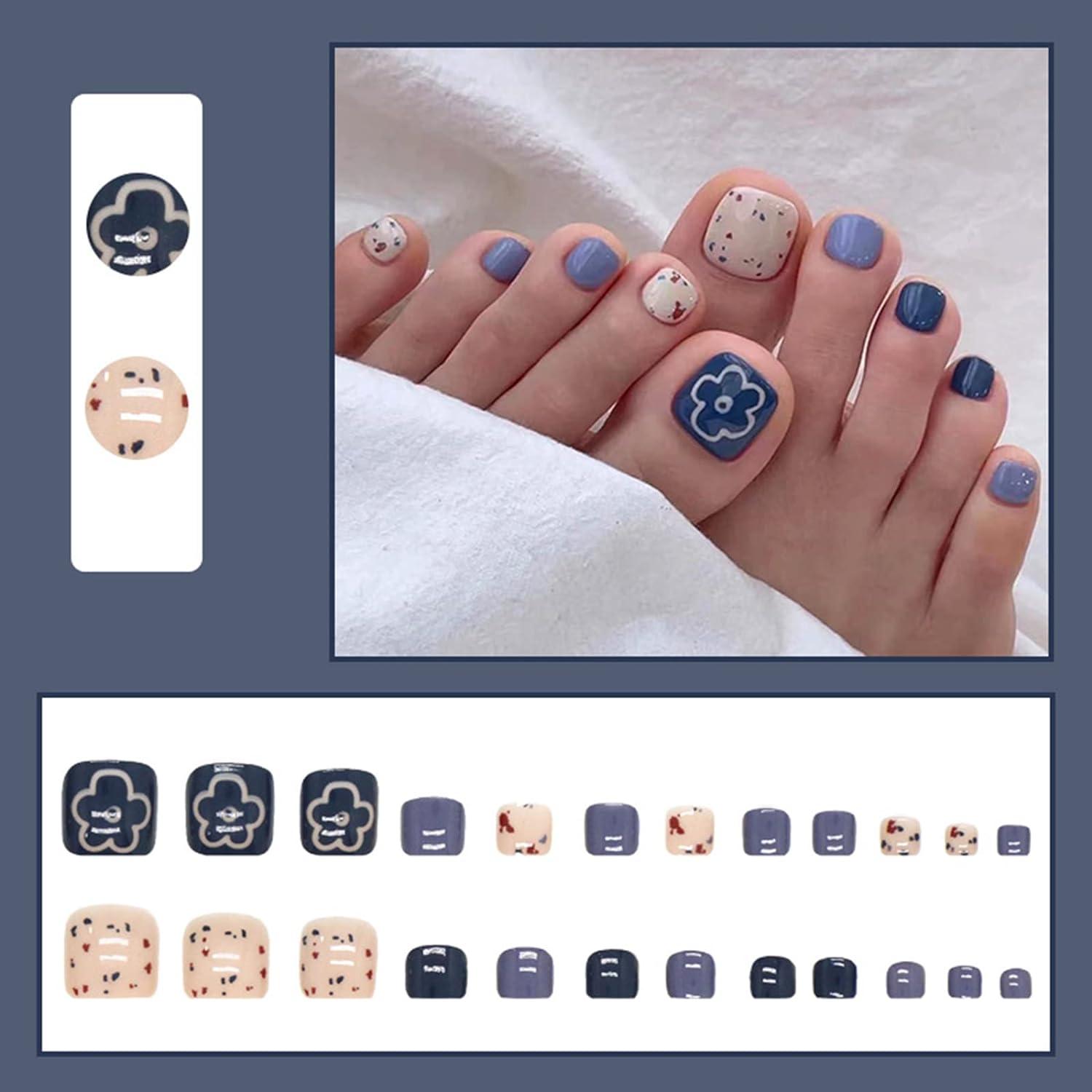 24Pcs French Square False Toenails Glossy Press on Toenails Cute Flower ...
