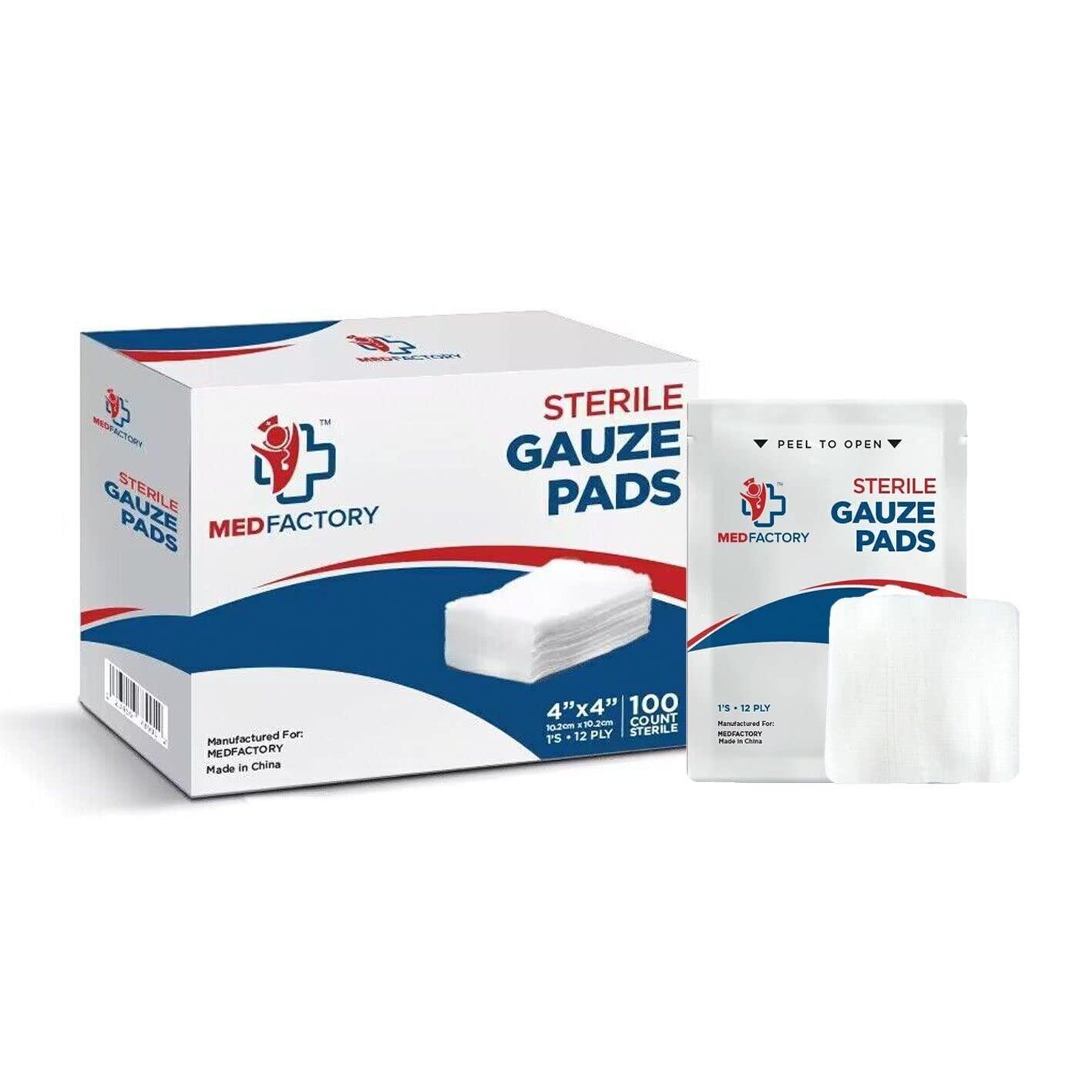 Medfactory 4 x 4 Sterile Gauze Pads 100-Pack - 12-Ply 100% Cotton for ...