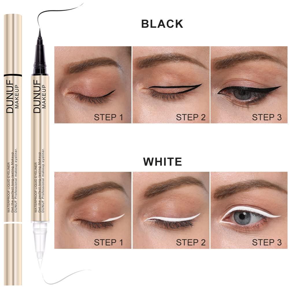 DUNUF Makeup 2 in 1 Waterproof Liquid Eyeliner - Pitch Black & White ...