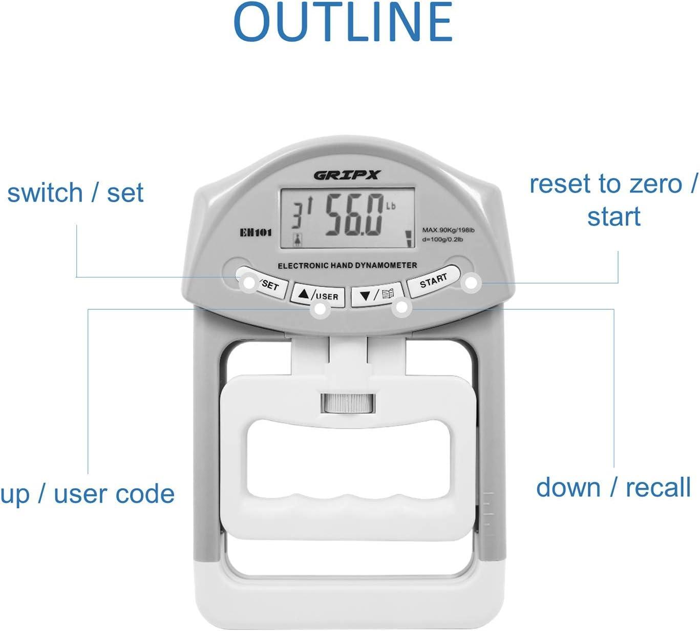 GRIPX Digital Hand Dynamometer | Electronic Grip Strength Meter - 198 lbs / 90 kg - Automatic ...