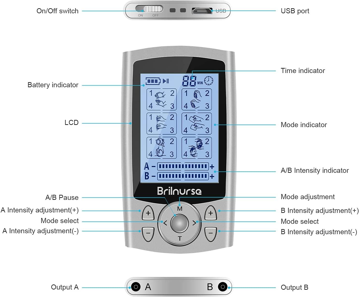 Brilnurse Dual Channel TENS EMS Unit | 24 Modes Muscle Stimulator for ...