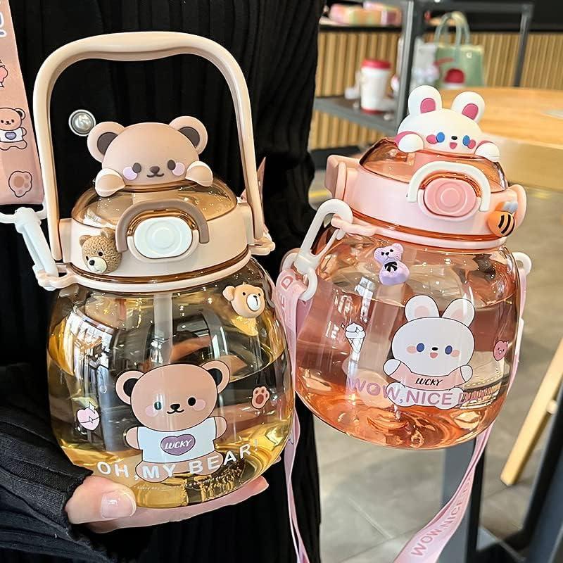 JQWSVE Kawaii Bear Water Bottle 46oz with Straw - Large Cute Cartoon Drinking Bottle for Milk ...