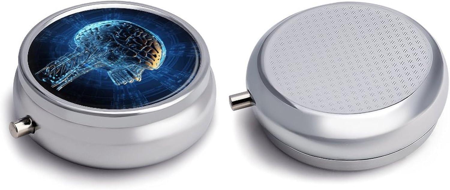 Round Pill Box with AI Brain Print - 3 Compartment Decorative Metal ...