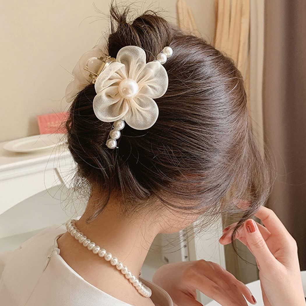Brinie Pearl Flower Hair Claw Clips - Champagne Floral Hair Jaw Clamps ...