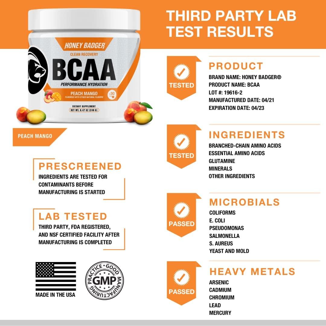 Honey Badger BCAA Amino Acids Powder - Peach Mango Flavor | Vegan Keto ...