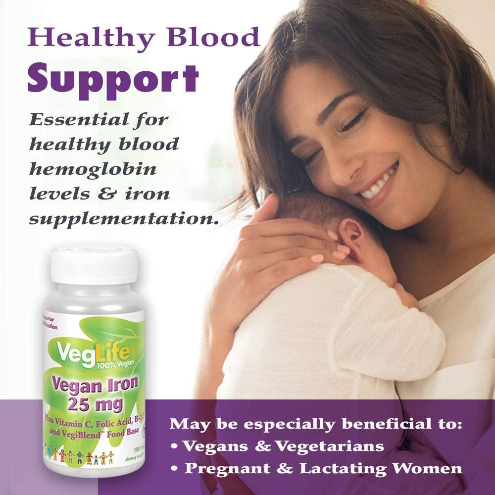 VegLife Vegan Iron 25mg Supplement with Vitamin C, Folic Acid, B-12 ...