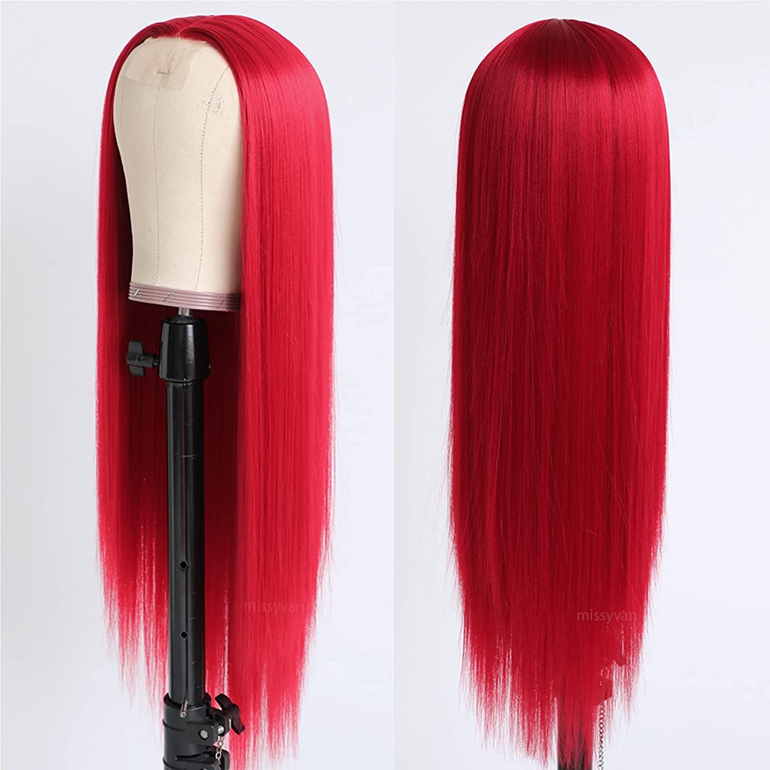 Missyvan Ruby Red Long Straight Synthetic Wig - Natural Look, Heat ...