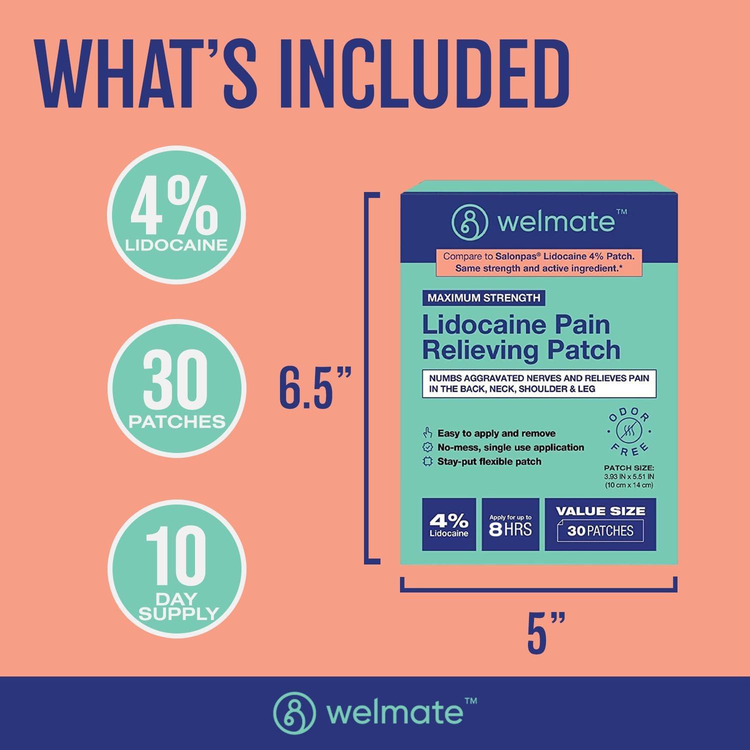 Welmate 4% Lidocaine Numbing Patch | Maximum Strength for Aches, Pains, Muscle Soreness & Joint ...