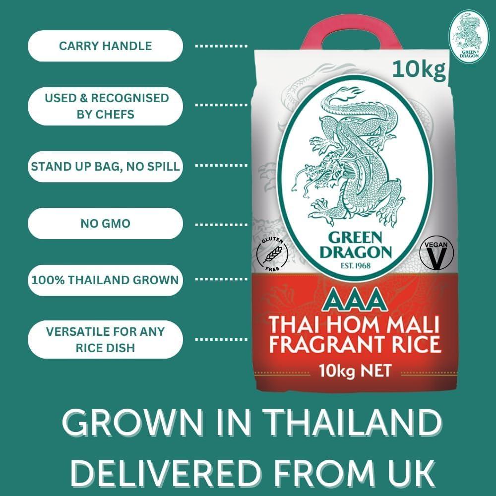 T&L Green Dragon Thai Jasmine Fragrant AAA Rice 10kg - | Delicate Jasmine Aroma | Long Aromatic ...
