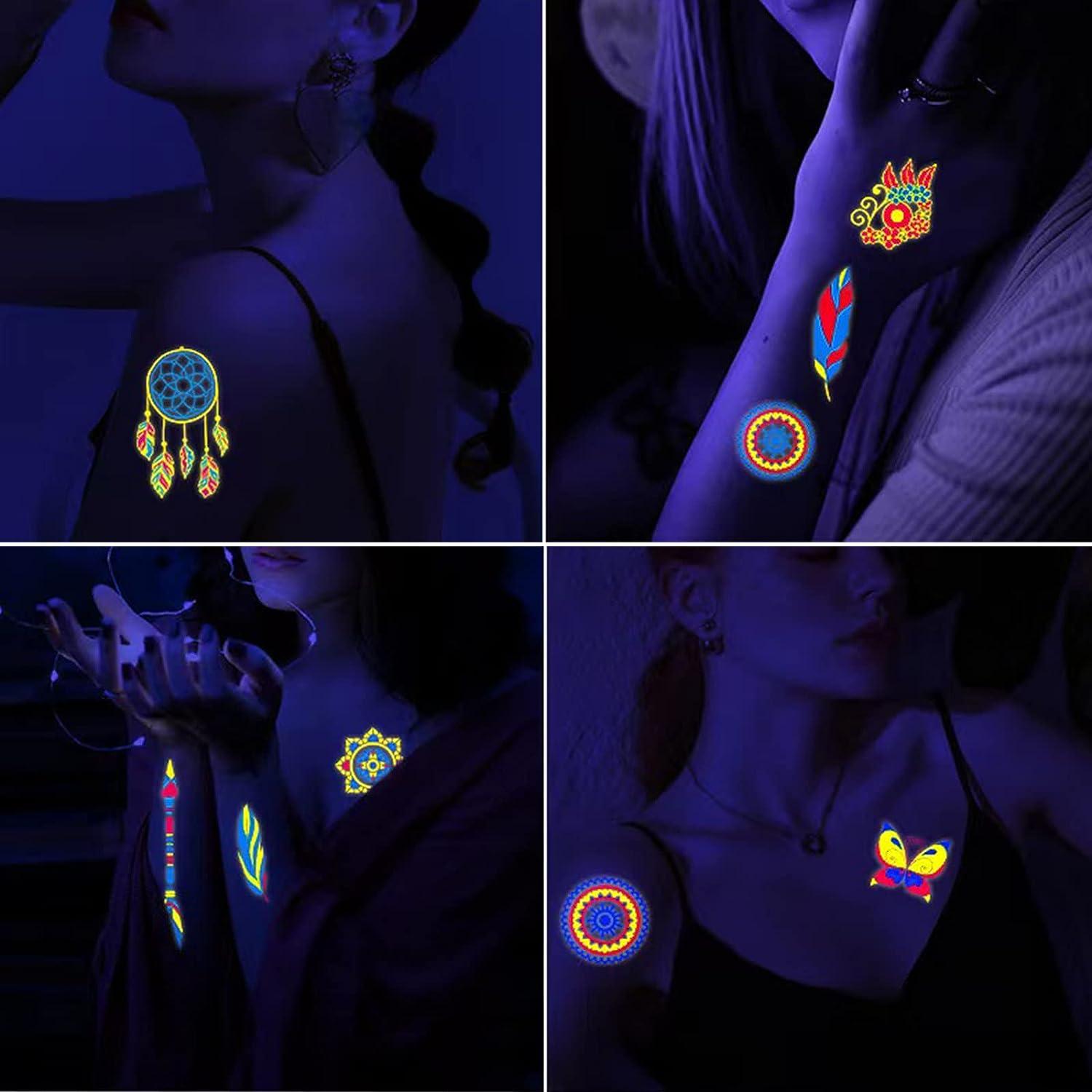 Neon Glow in the Dark UV Temporary Tattoos - 20 Large Sheets for Women ...