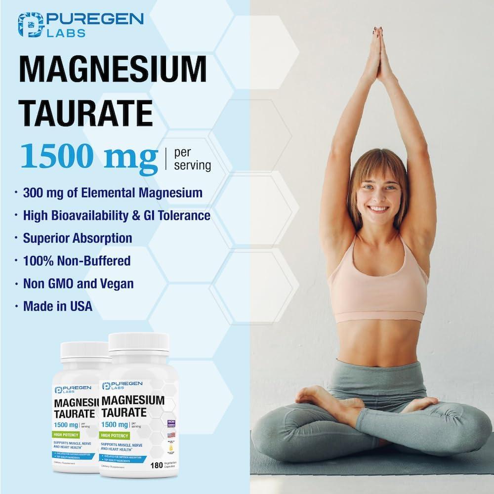 Puregen Labs Magnesium Taurate 1500mg per Serving [High Potency] 180 ...