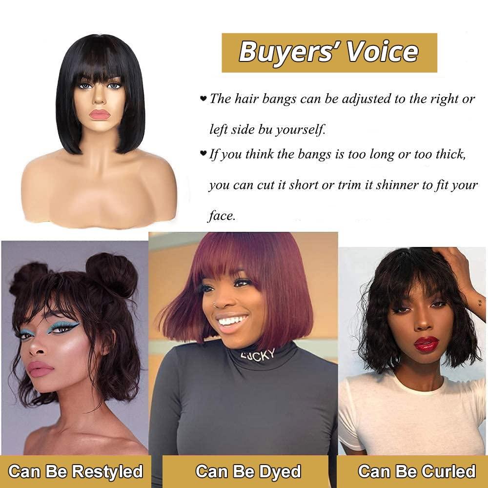 12 Inch Short Bob Human Hair Wig with Bangs - 150% Density, Natural ...