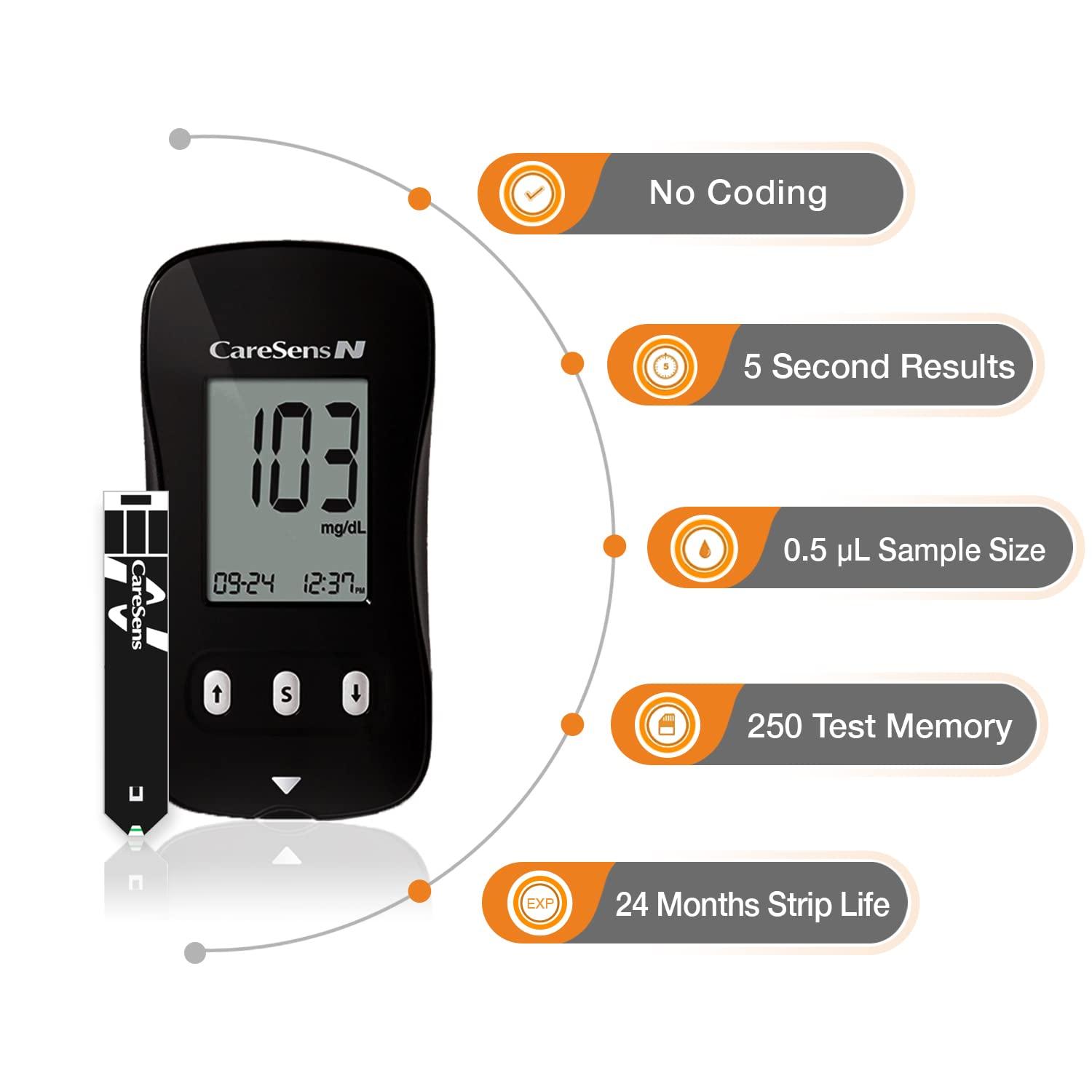 CareSens N Blood Glucose Monitor Kit: 100 Test Strips, 100 Lancets ...