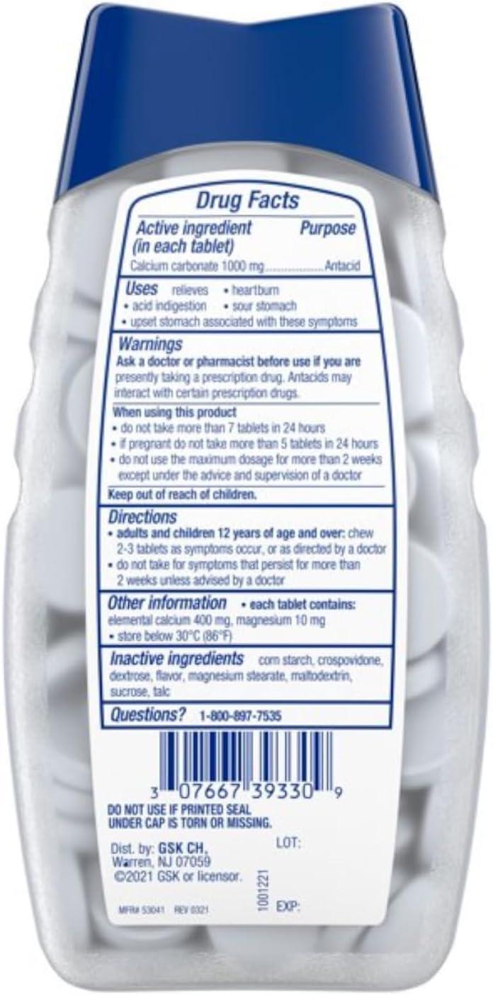 TUMS Antacid Calcium Carbonate Peppermint Chewable Tablets Ultra ...