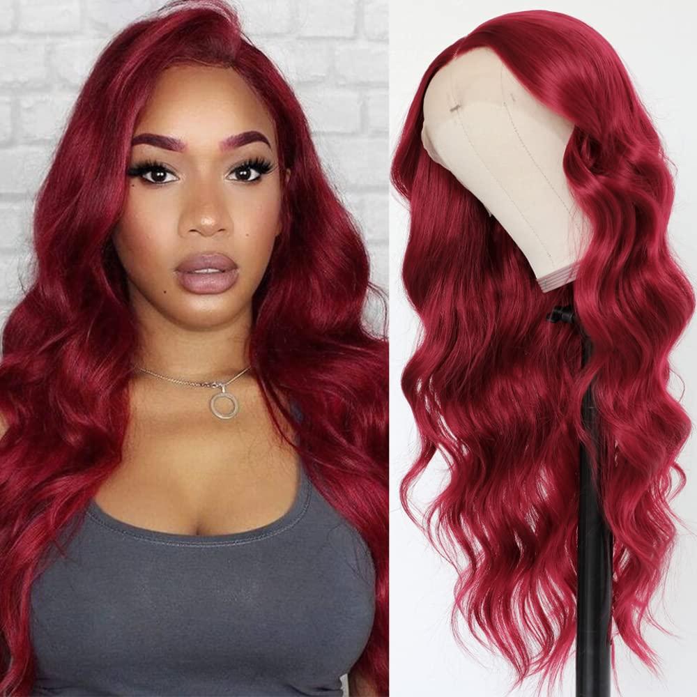 QD-Tizer Burgundy Red Lace Front Wig - Long Wavy Heat Resistant ...