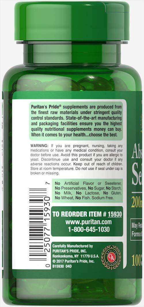 Puritan's Pride Absorbable Selenium 200 mcg - 100 Softgels ...