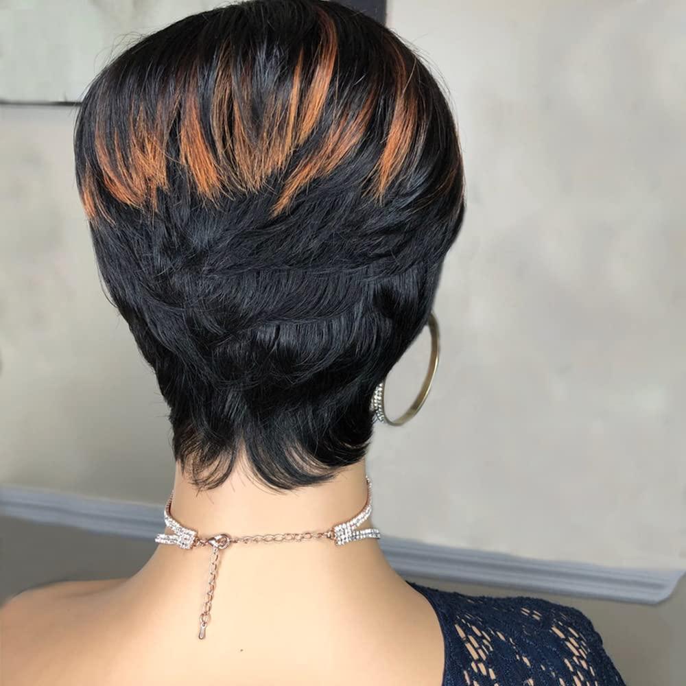 Pangdonglai Pixie Cut Wig For Black Women Short Black Layered Wavy Remy Hair F1b33 Color
