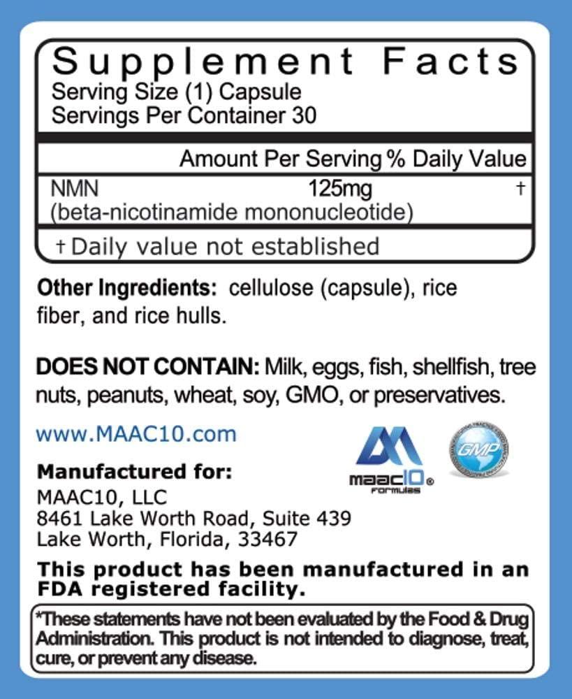 MAAC10 NMN 125mg Capsules: 99% Pure Pharmaceutical Grade Stabilized NMN Supplement - The ...